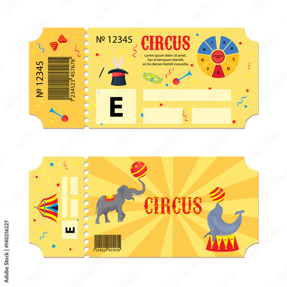 Tickets for circus performances. Vector flyer on a circus show. Two ...