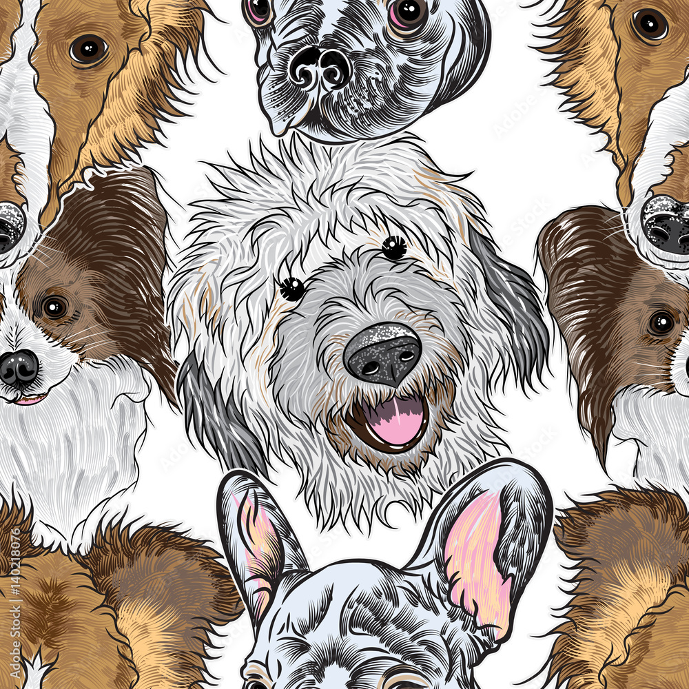 Seamless pattern with purebred cute character portrait dogs. Hand drawn ...
