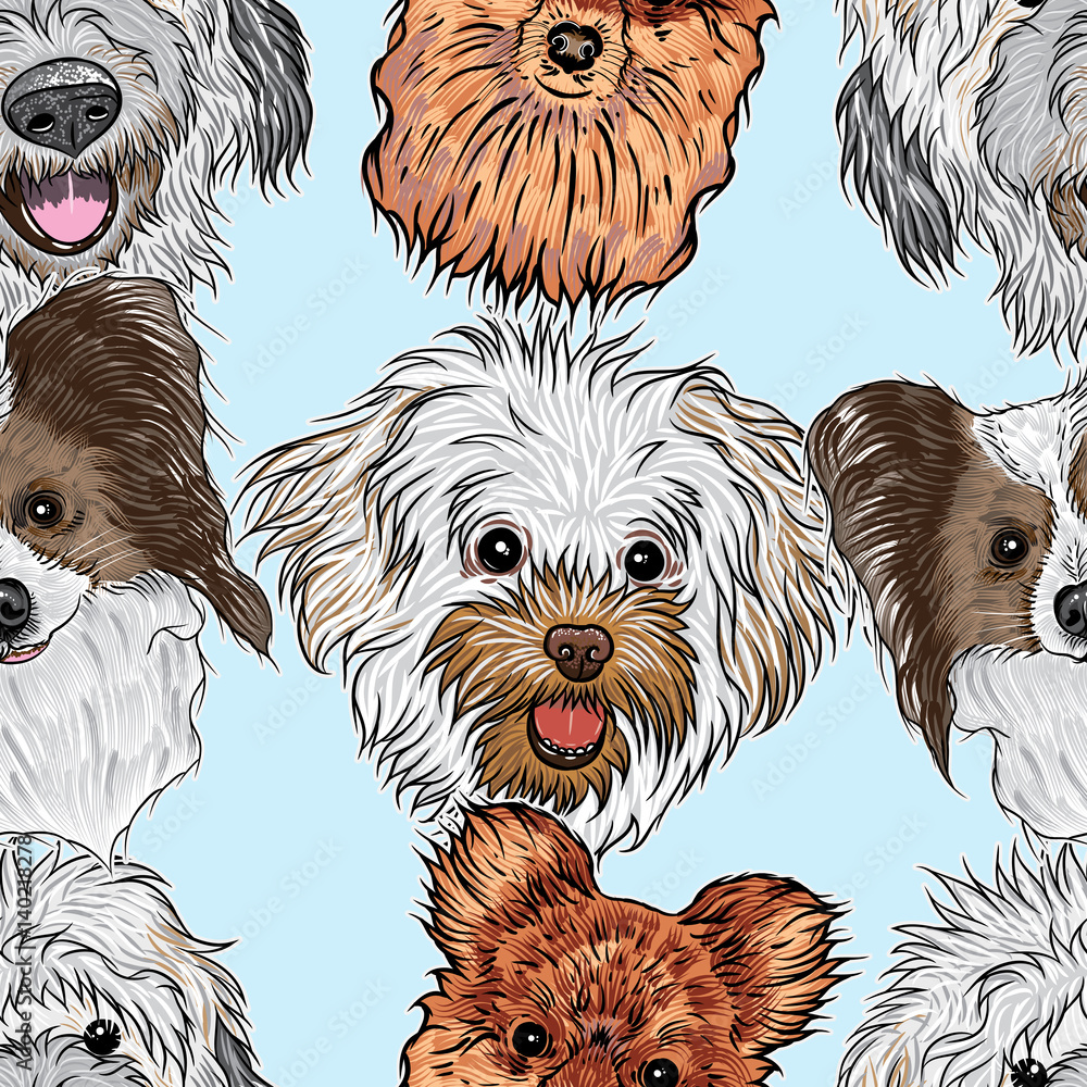 Seamless pattern with purebred cute character portrait dogs. Hand drawn ...