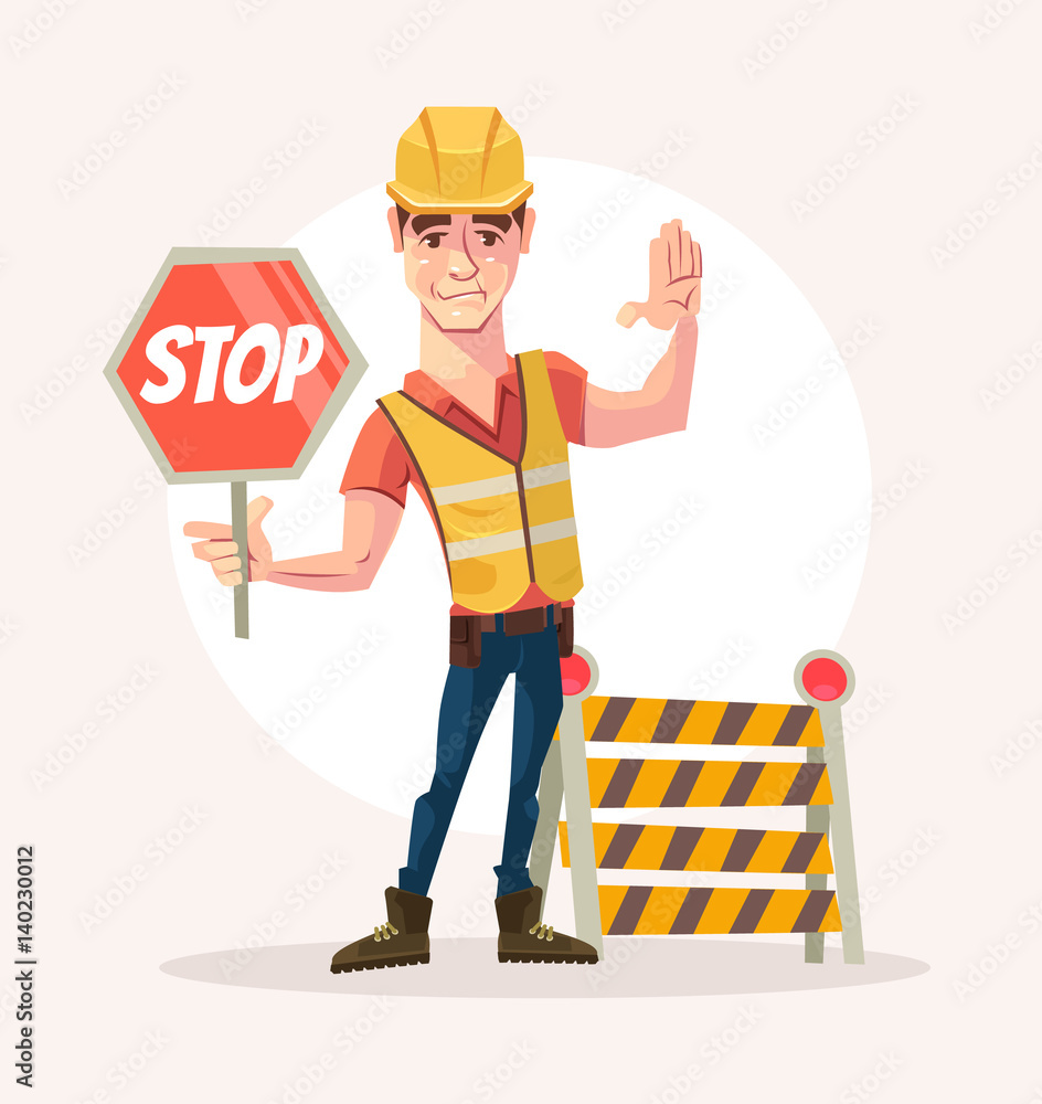 Road worker man character holds stop sign. Vector flat cartoon ...