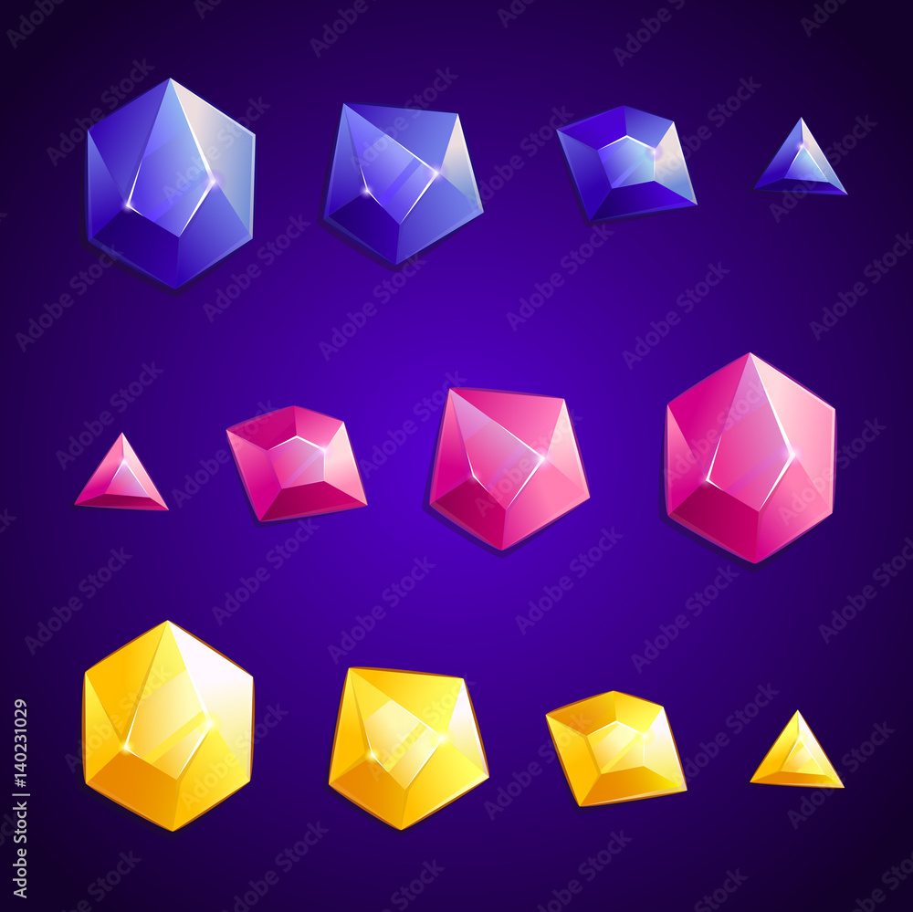 Cartoon crystal set of different shapes. Yellow green, blue color of ...