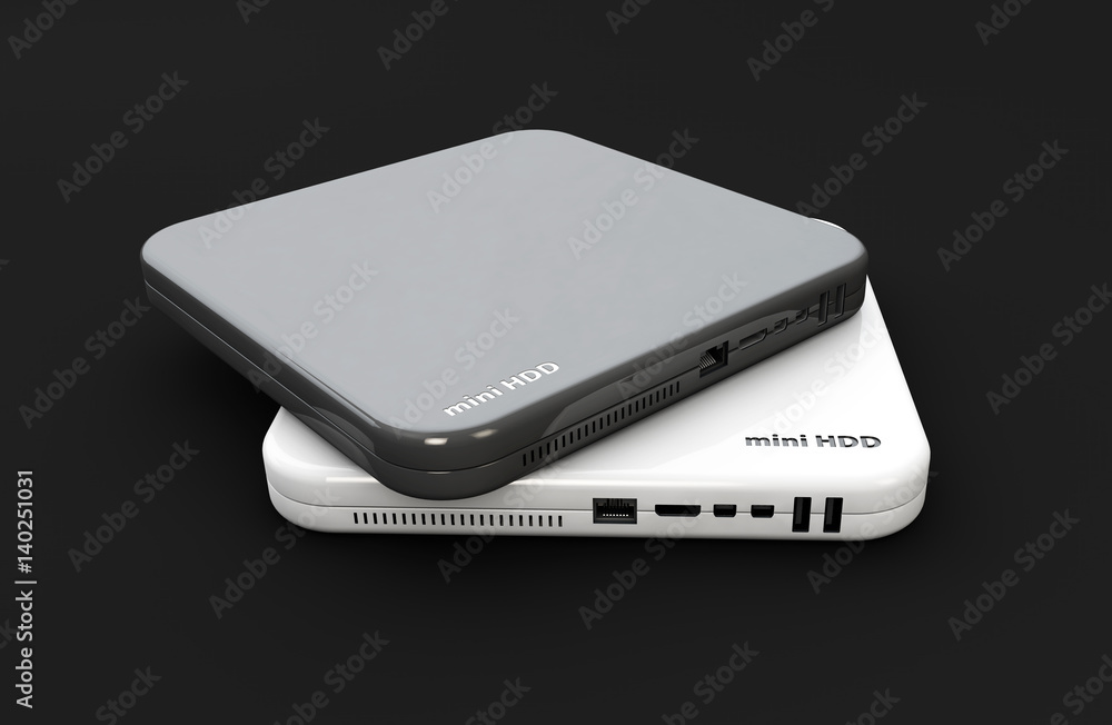Hdd, mini hard disk drive white and dark colors, components, 3d ...