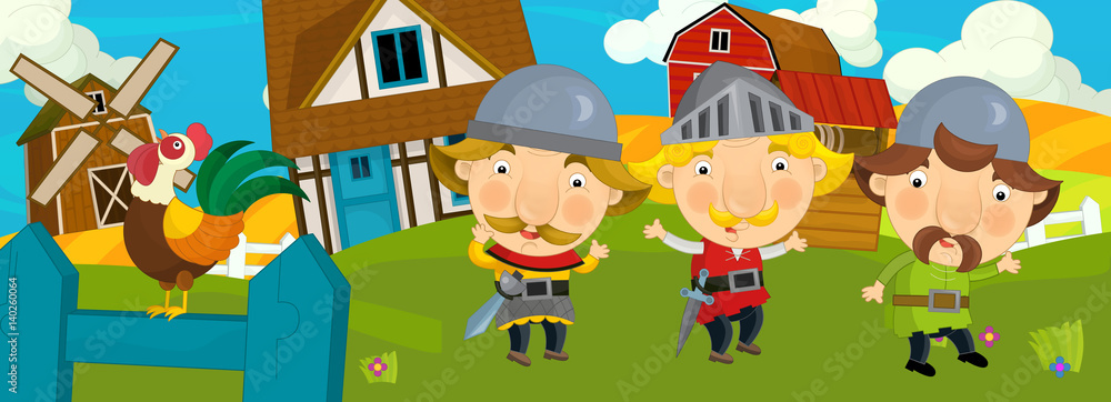 cartoon scene with knights in the village talking to each other Stock ...