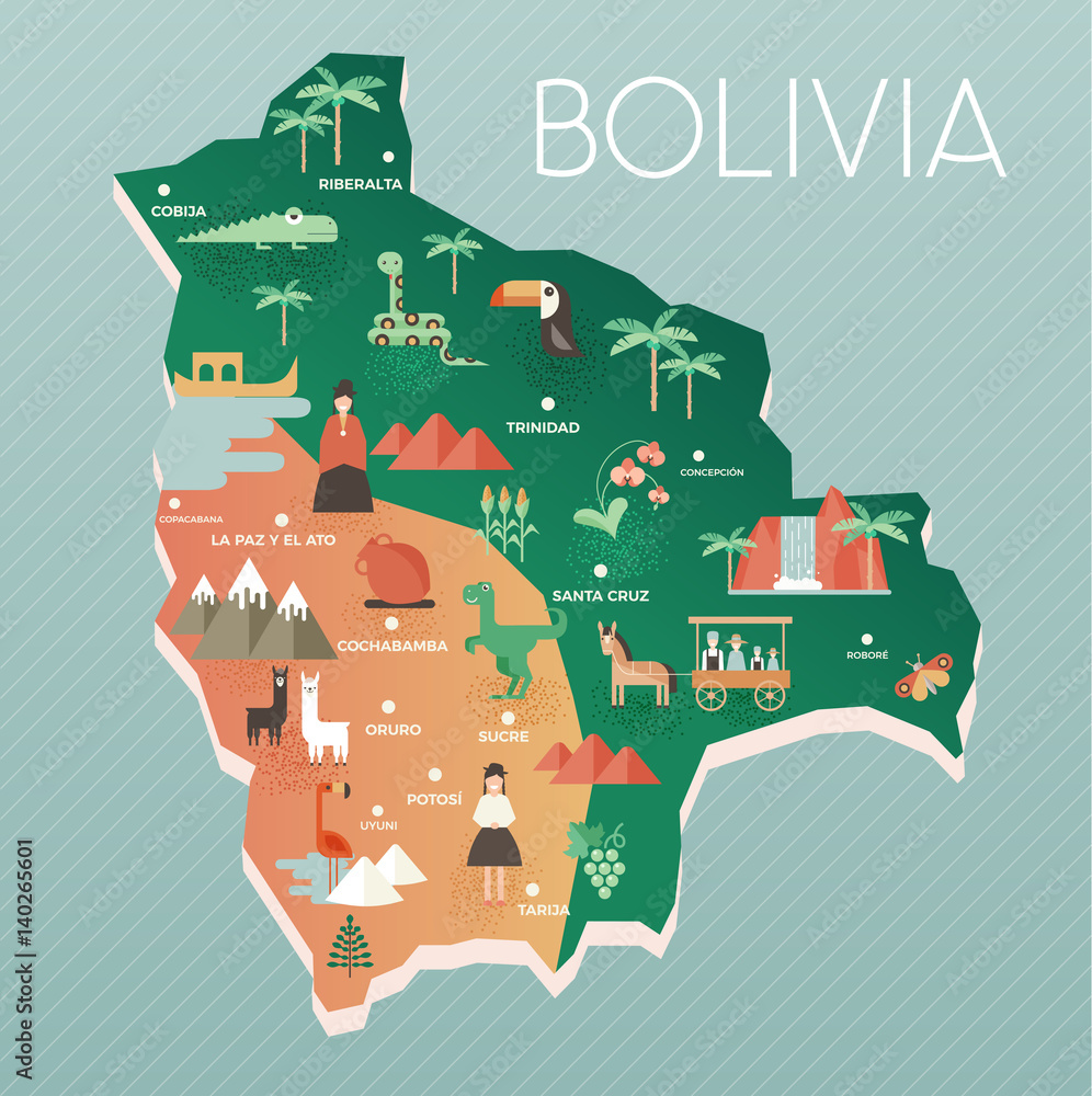 Vector illustration map of Bolivia with nature, animals and people in traditional clothes. Flat ...