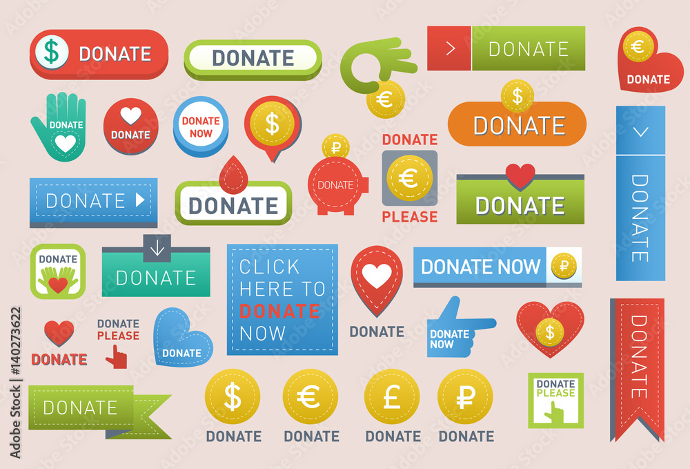 Donate buttons vector set illustration help icon donation gift charity isolated support design ...