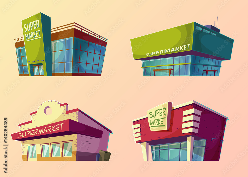 Set of vector cartoon buildings of modern supermarkets and old shops ...