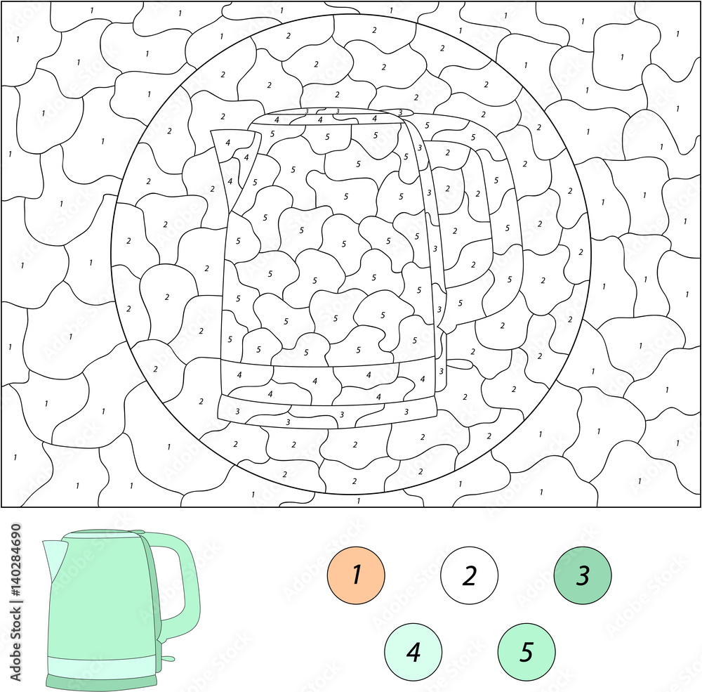 Cartoon electric kettle. Color by number educational game for kids ...