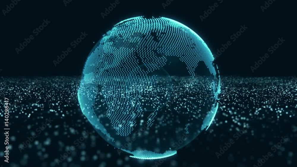 Abstract futuristic rotating world globe in particles or small dots ...