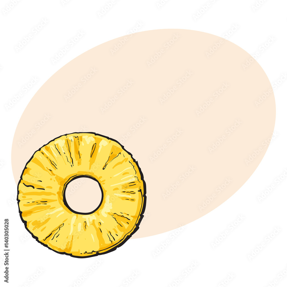 Peeled round pineapple slice with hole in the middle, top view, sketch ...