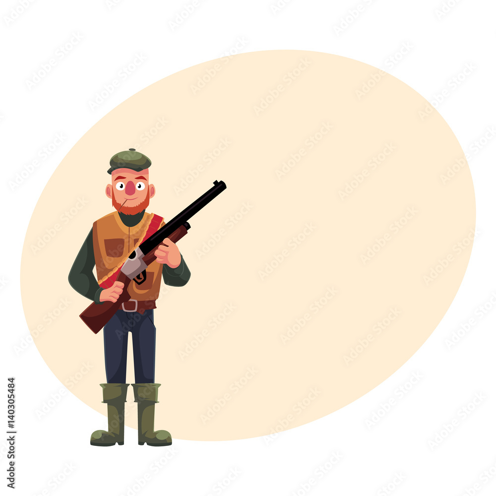 Funny male hunter in hunting vest and rubber boots holding a rifle ...