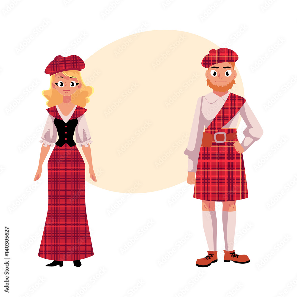 Scottish couple in traditional national costumes, tartan berets and ...