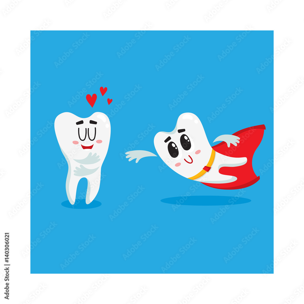 Two funny tooth characters, one superhero, another showing love, dental ...