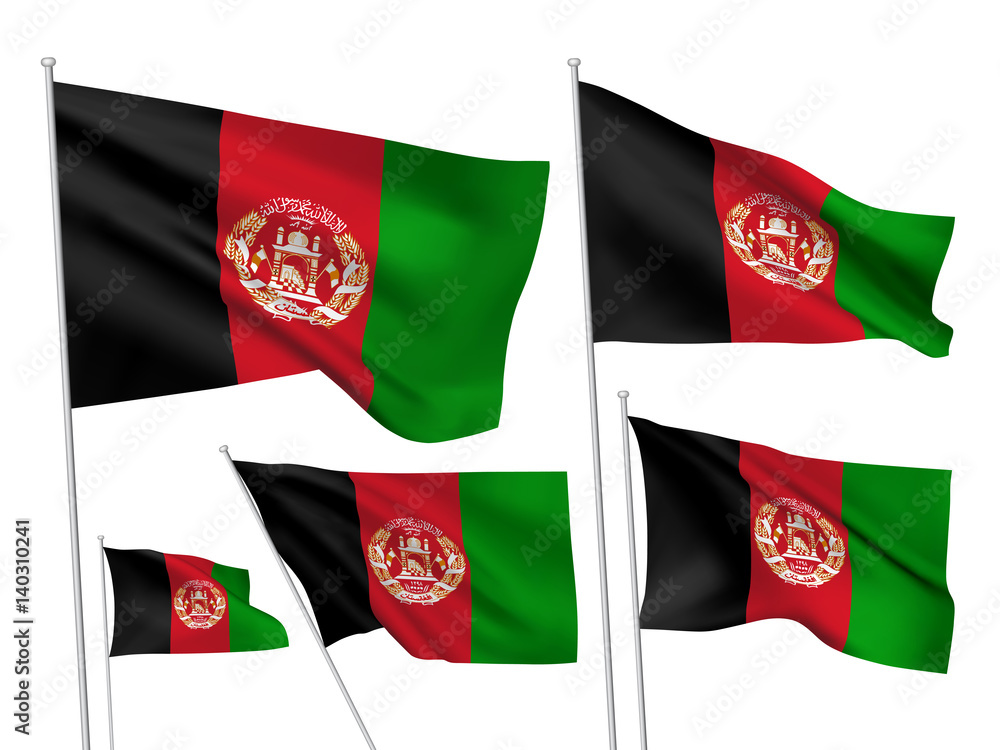 Afghanistan vector flags set. 5 wavy 3D cloth pennants fluttering on ...