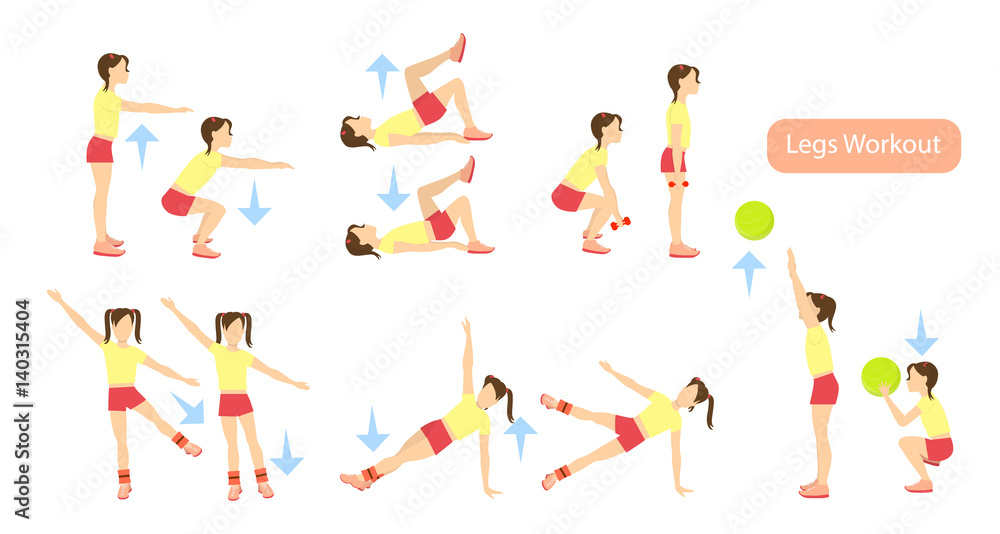Legs workout set on white background. Exercises for girls. Healthcare ...