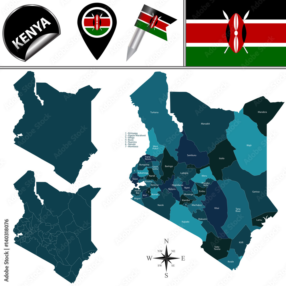 Map of Kenya with Named Counties Stock Vector | Adobe Stock