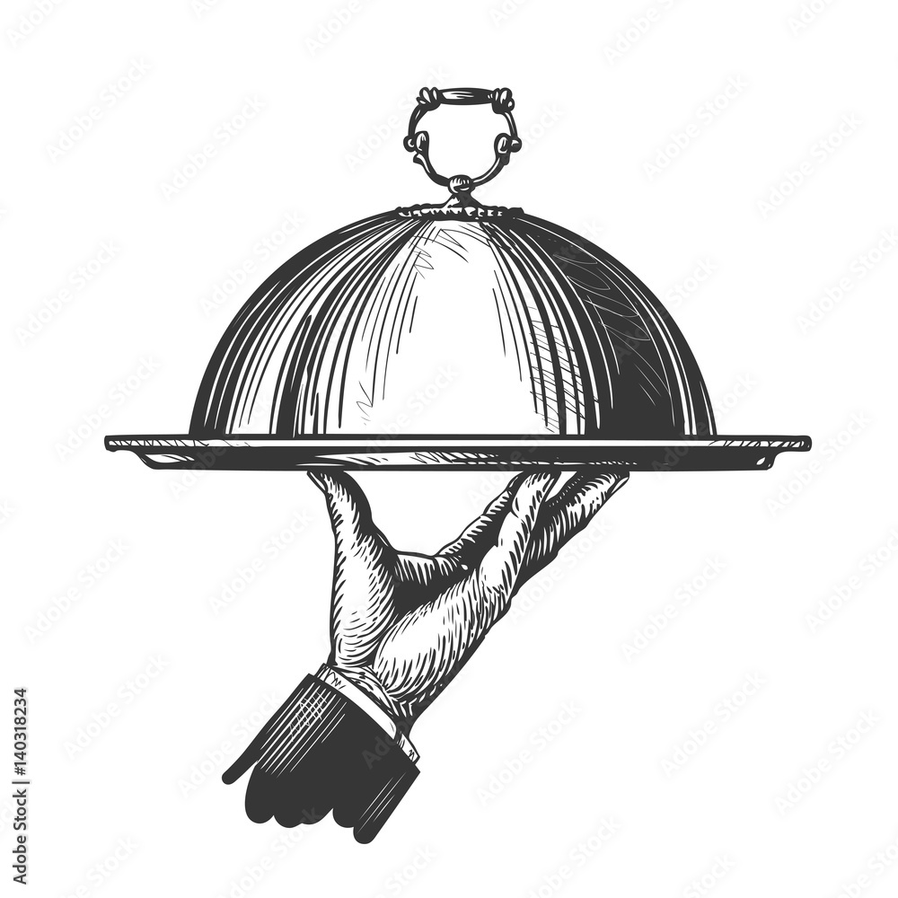 Hand-drawn waiter's hand holding tray for hot dishes. Illustration for ...