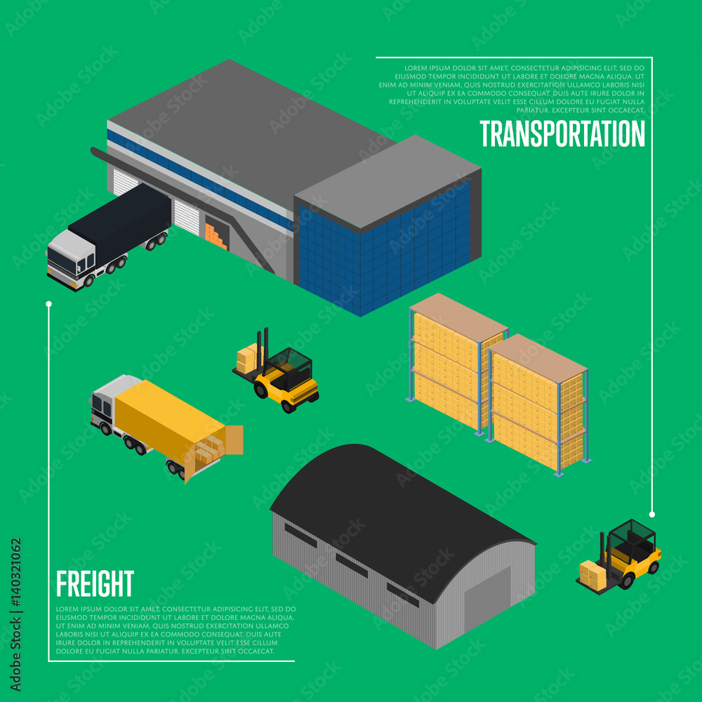 Freight transportation isometric vector illustration. Forklift with ...