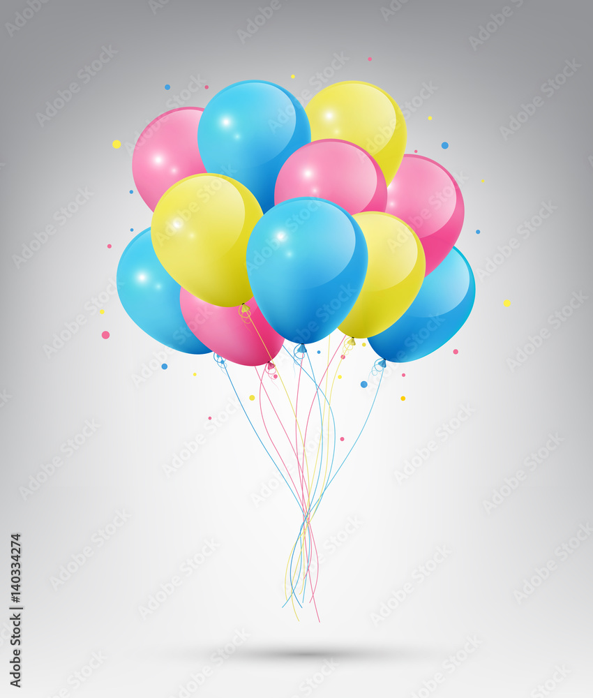 Flying Realistic Glossy Blue, Pink and Yellow Balloons with Party and ...