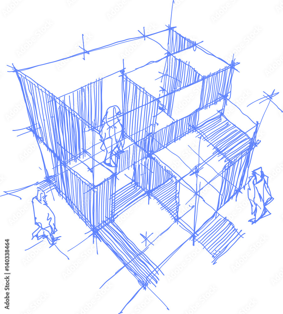 hand drawn architectural sketch of a modern building with people around ...