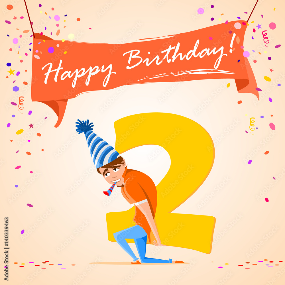confused boy holding the number 2 on a colorful background. banner ...