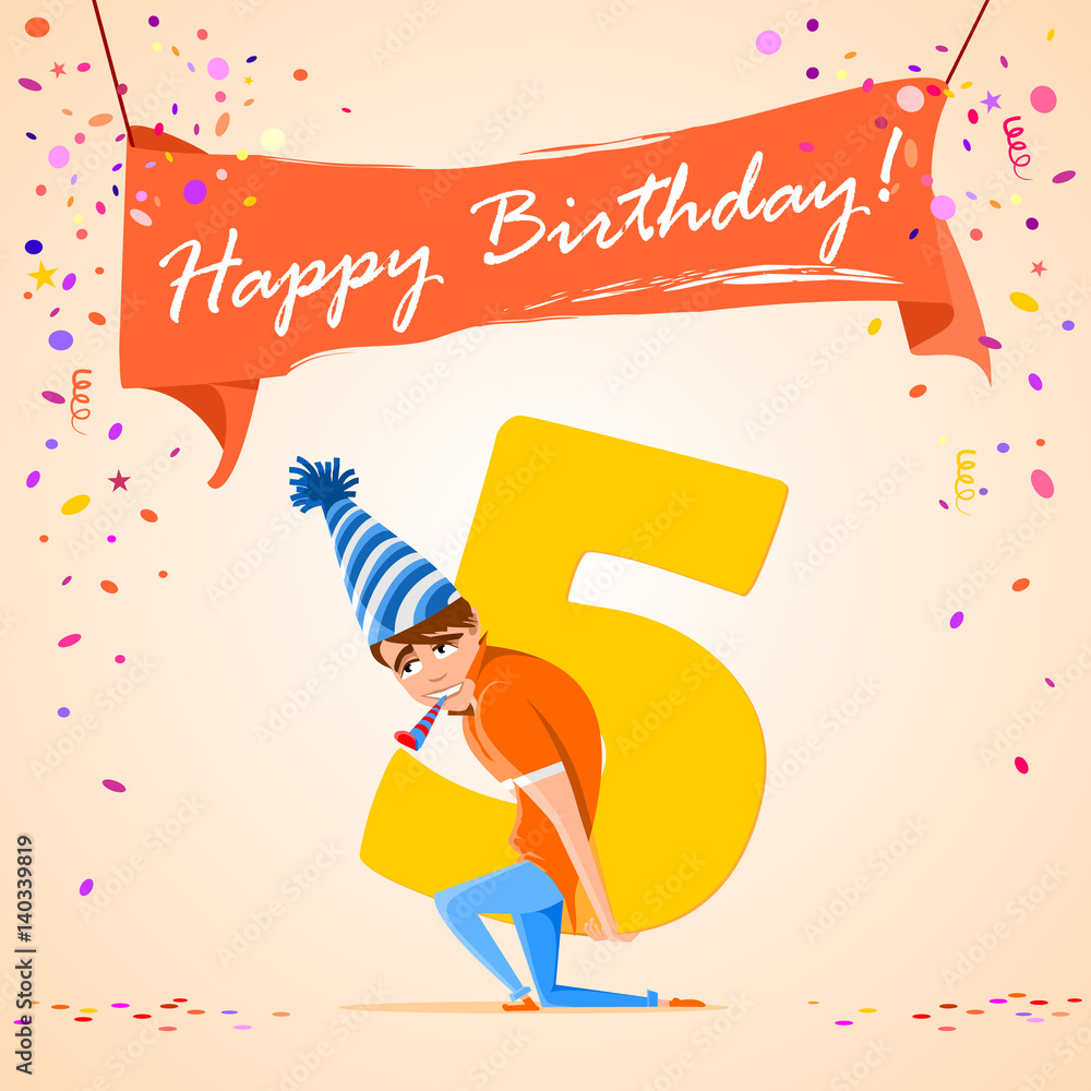 confused boy holding the number 5 on a colorful background. banner ...