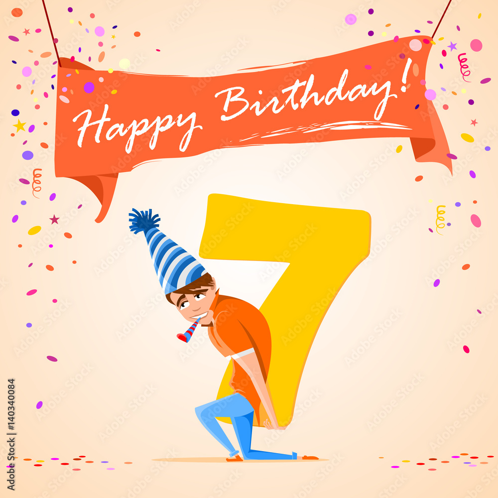 confused boy holding the number 7 on a colorful background. banner ...