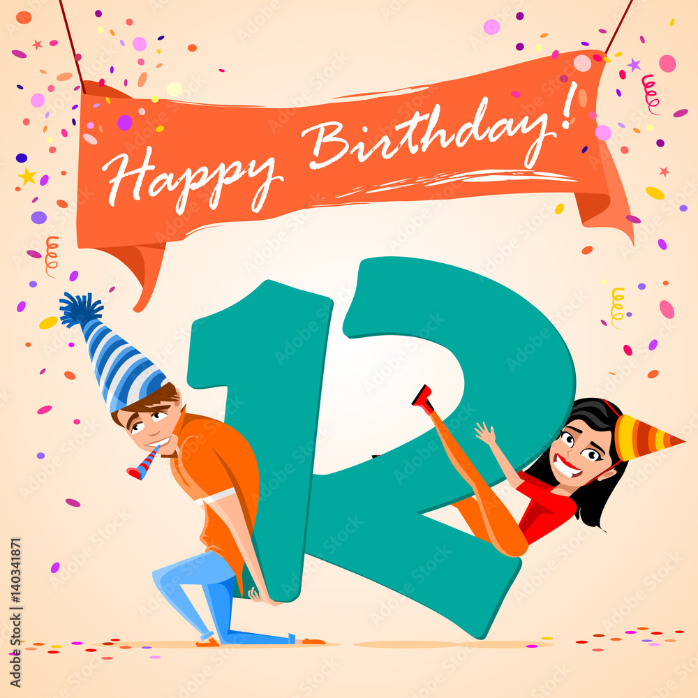 confused boy holding the number 12 on a colorful background. banner ...