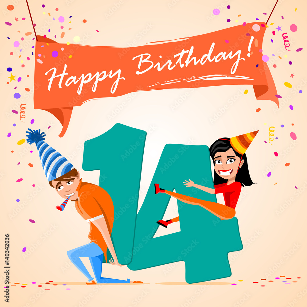 confused boy holding the number 14 on a colorful background. banner ...