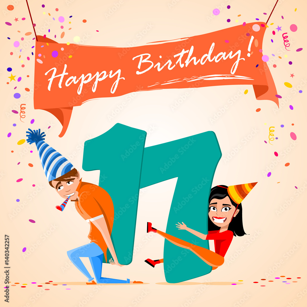 confused boy holding the number 17 on a colorful background. banner ...