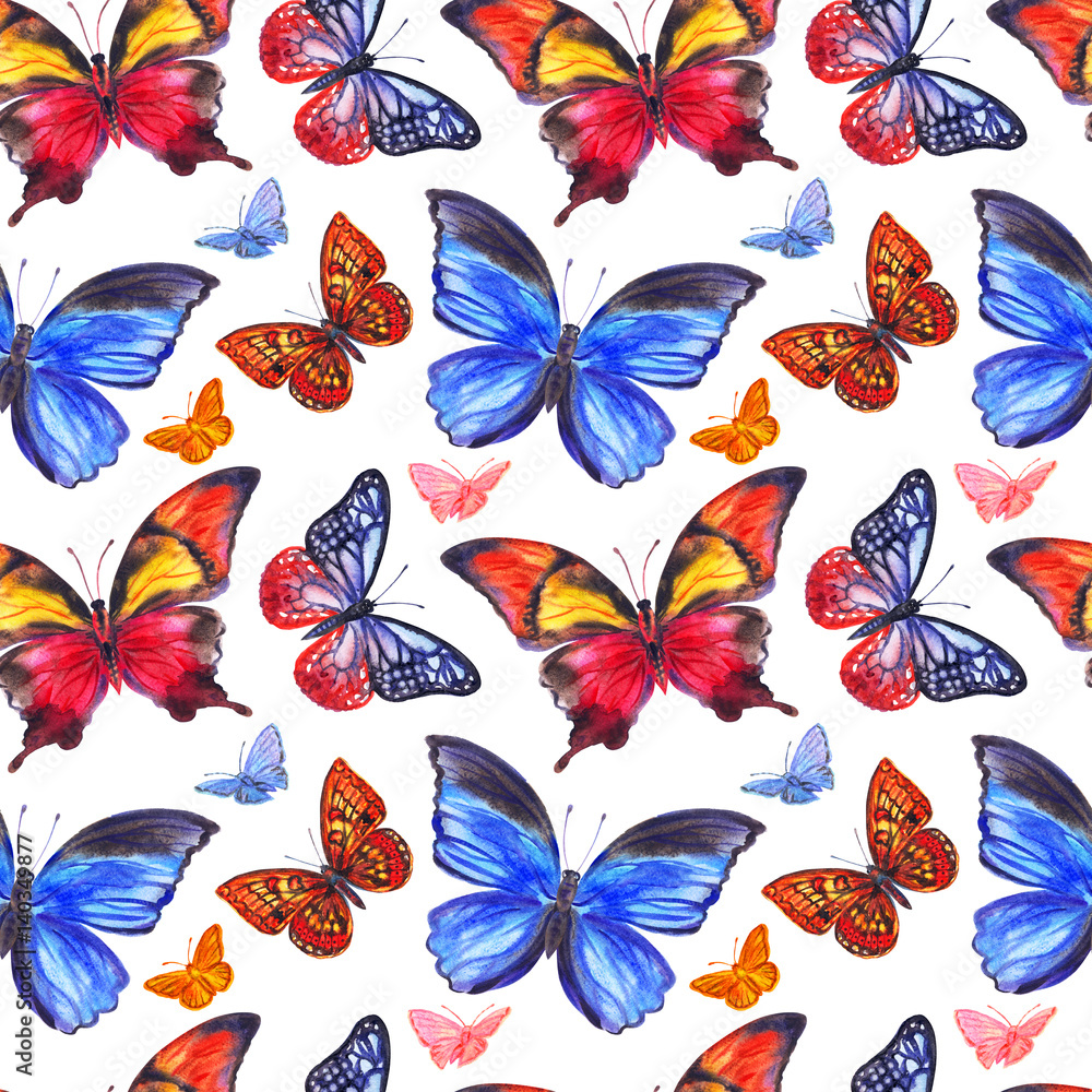 Seamless watercolor pattern of multi-colored butterflies on a white ...