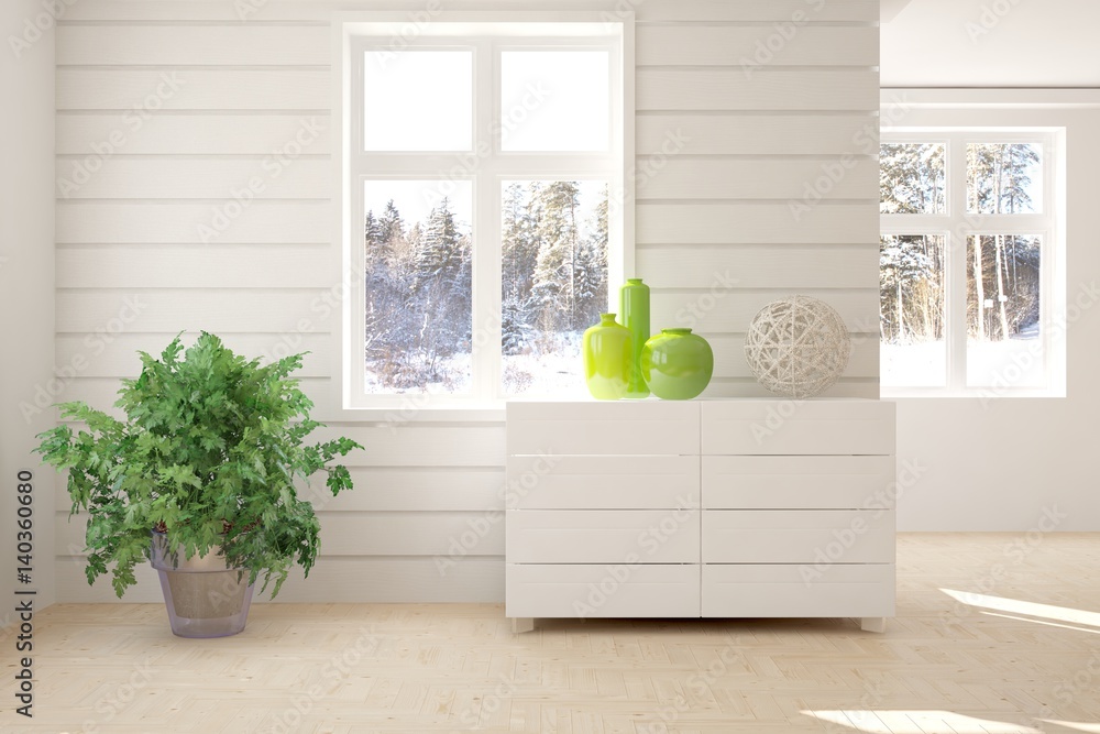 White empty room with winter landscape in window. Scandinavian interior ...