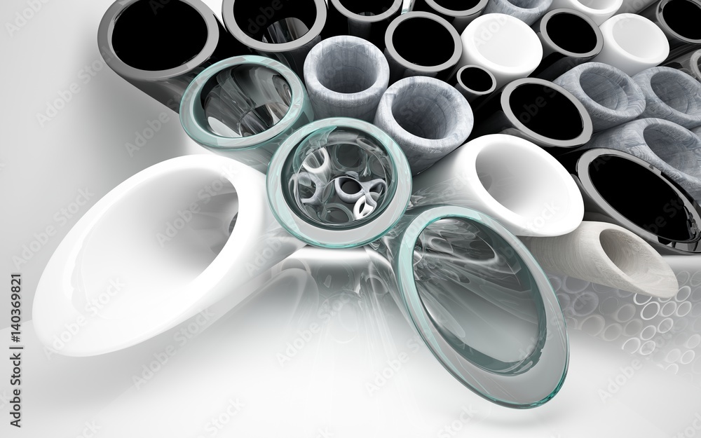 Abstract interior array of pipes made of different materials ...