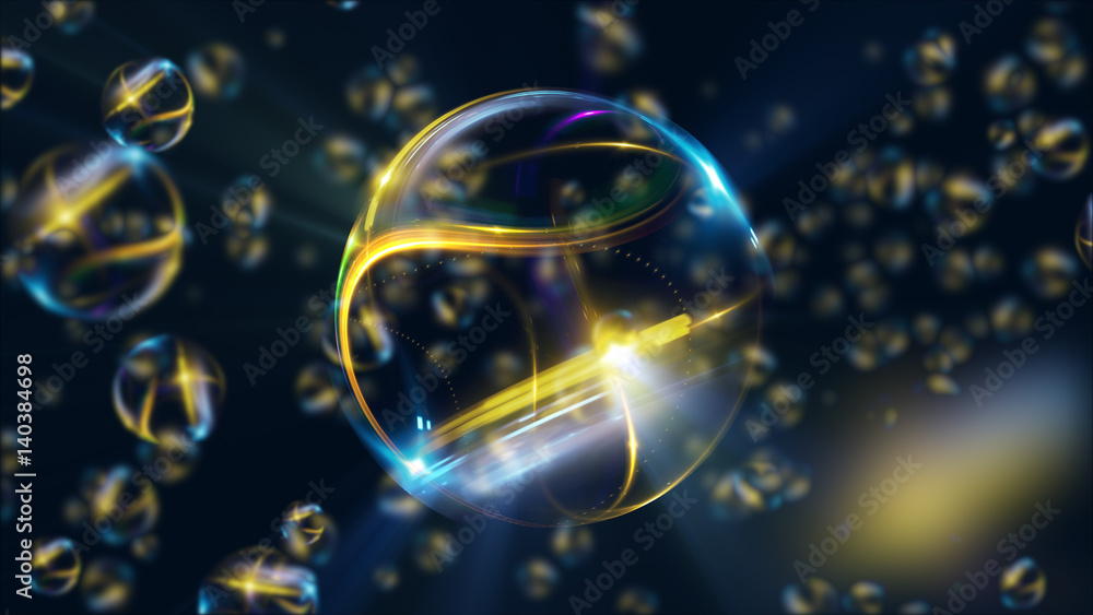 3D Atom icon. Luminous nuclear model on dark background. Glowing bots ...