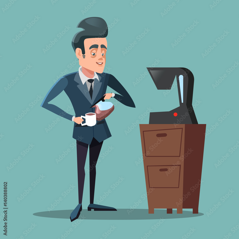 Cartoon Businessman Making Coffee. Work Break. Vector illustration ...