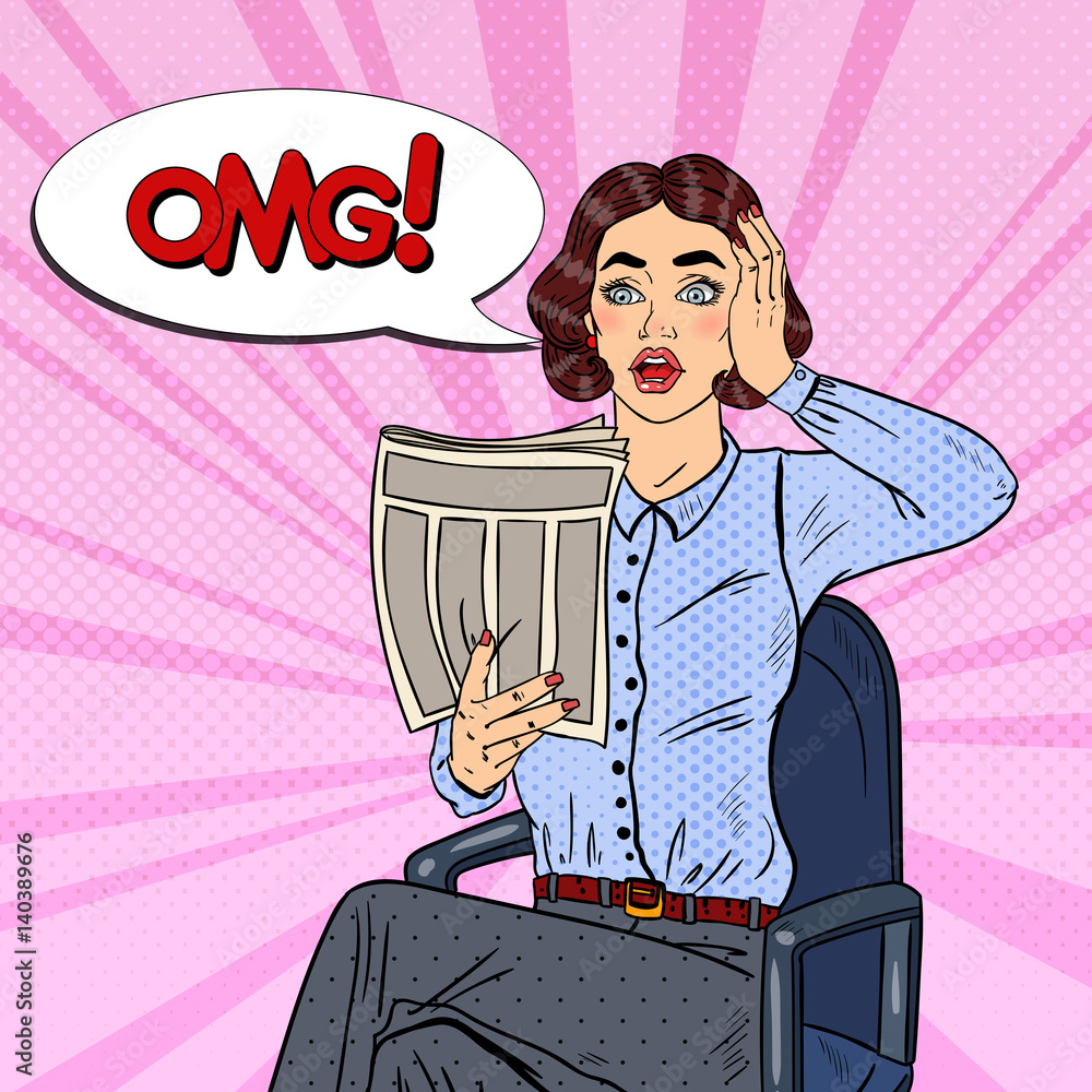 Pop Art Shocked Woman Reading a Newspaper. Bad News. Vector ...