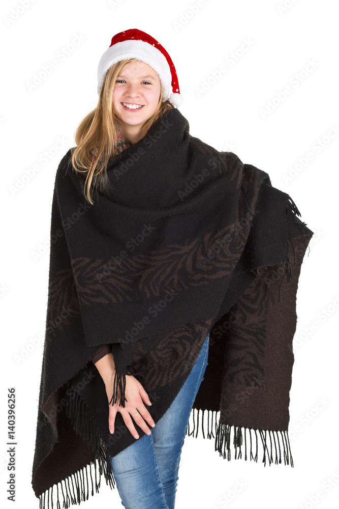 Young girl with cape and red winter cap standing posing Stock-Foto ...