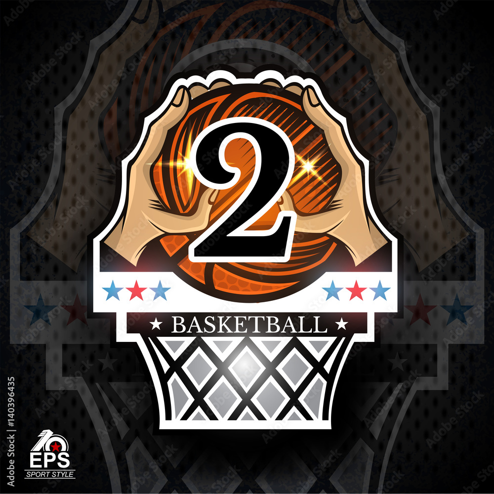 Two hands hold basketball ball with number 2 above basket. Sport logo ...