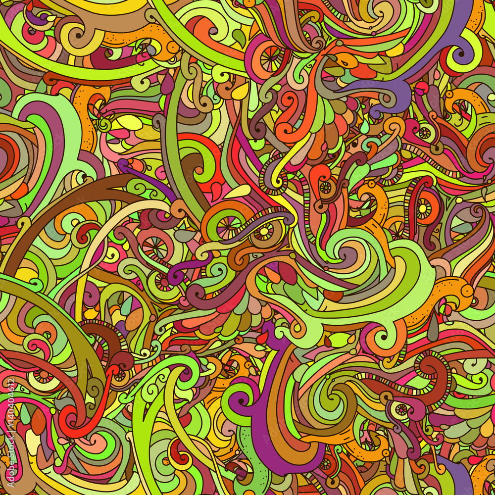 Cartoon hand-drawn seamless vector pattern with doodle icons items ...