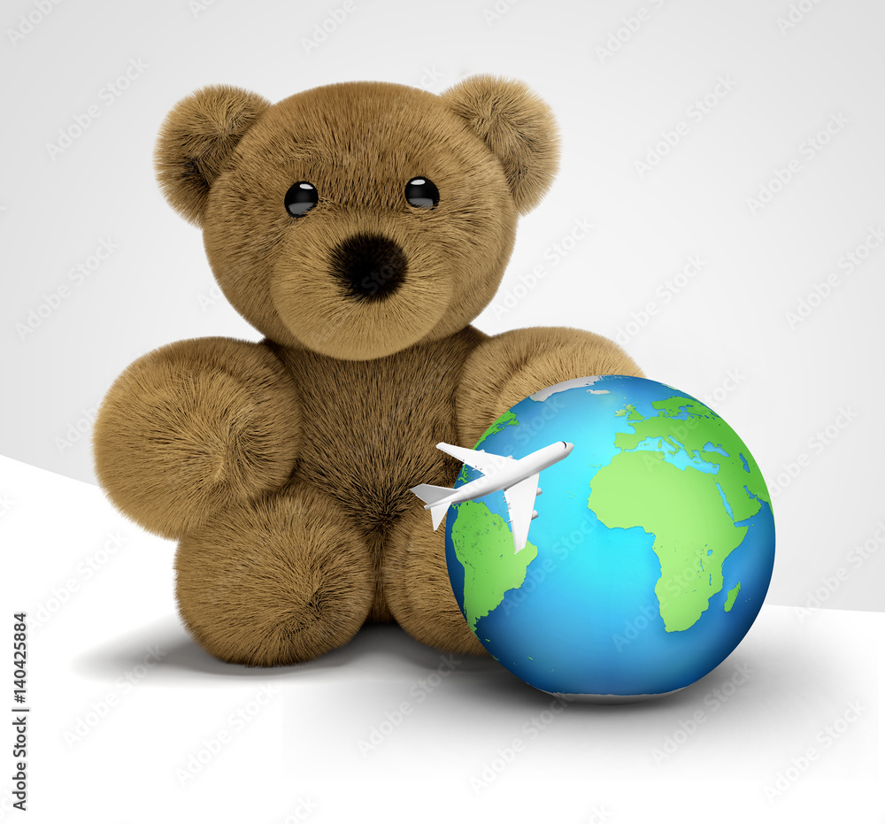 teddy bear travel and world globe with plane 3d render flight Stock ...