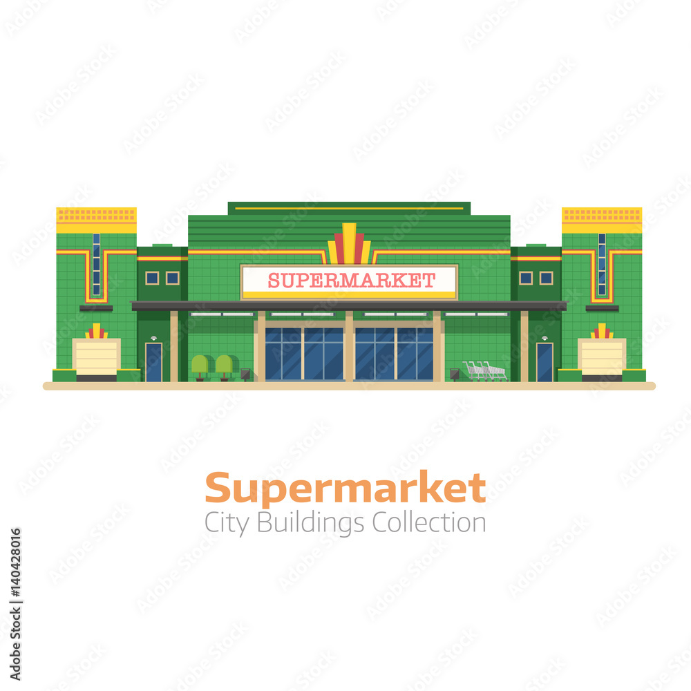 Supermarket building vector illustration. Large food store facade ...