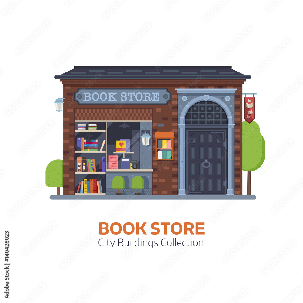 Old public book shop building facade in flat design. Authentic ...