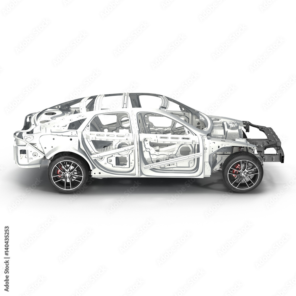 Skeleton of a car with Chassis on white. Side view. 3D illustration ...