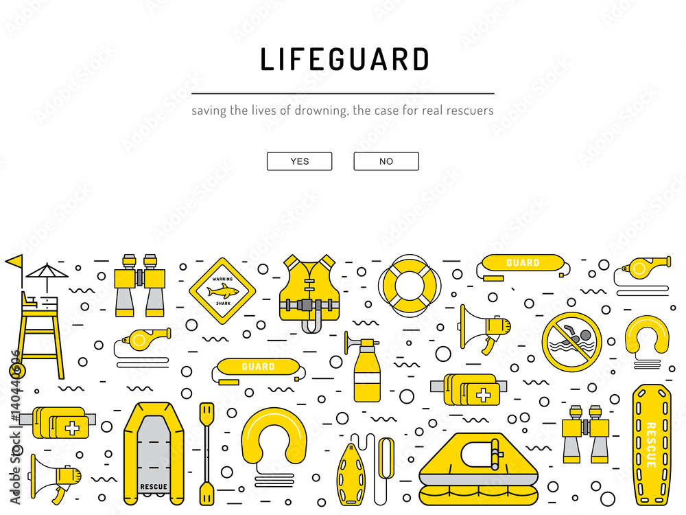 Vector line icons of rescue equipment, life-saving in water isolated on ...