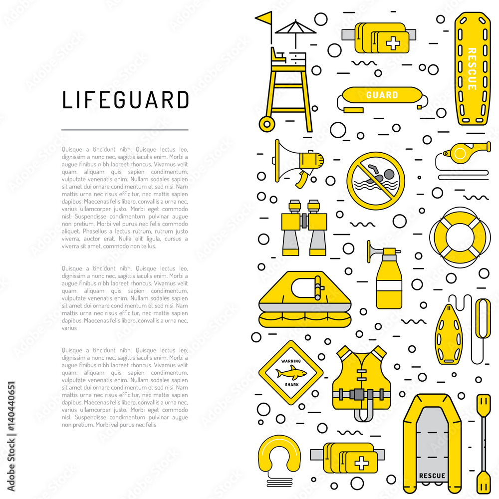 Vector line icons of rescue equipment, life-saving in water isolated on ...