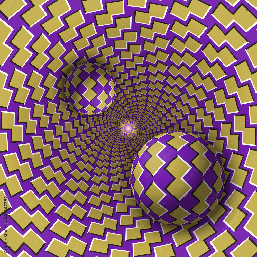 Optical illusion illustration. Two balls are moving in mottled hole ...