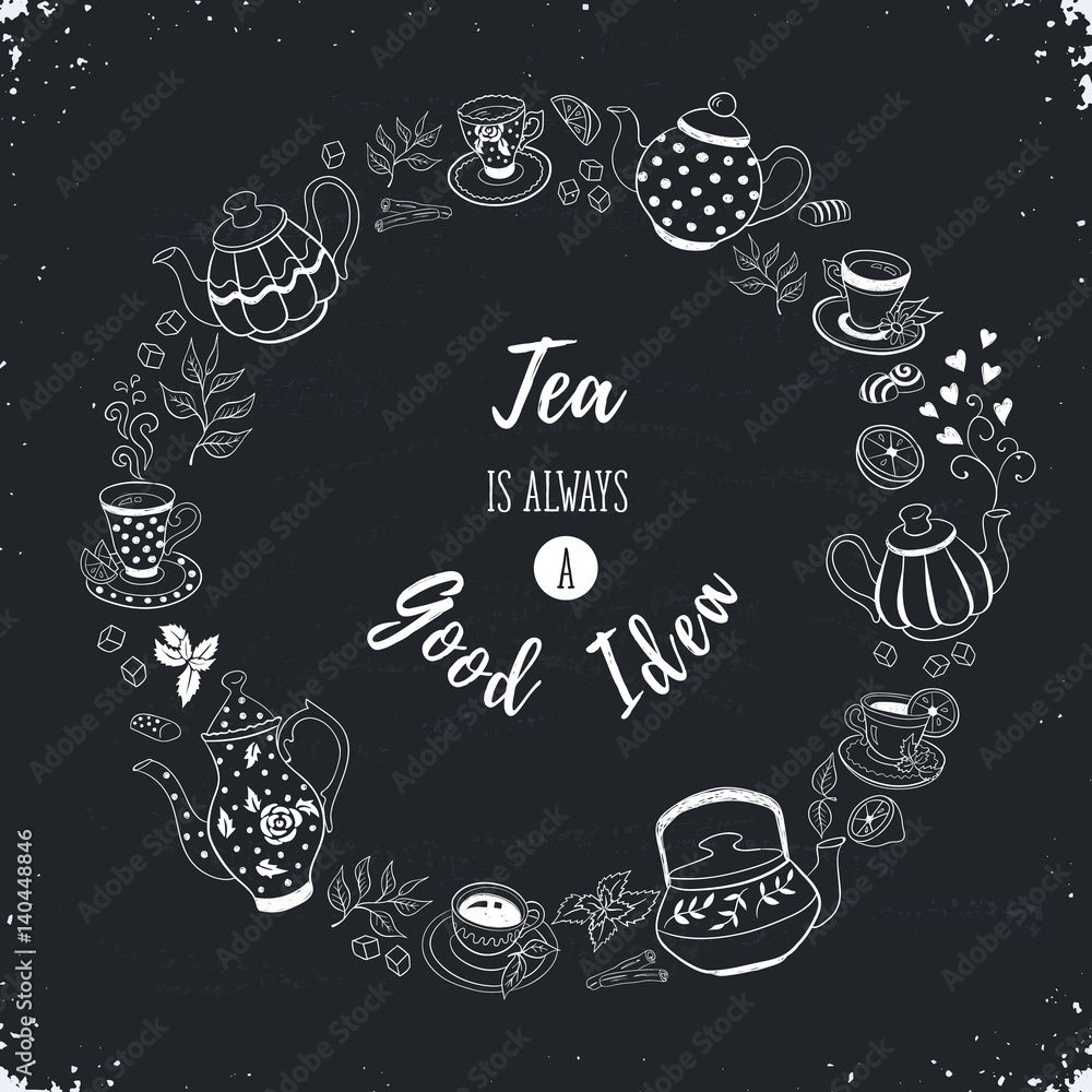 Tea time poster concept. Tea party invitation card design. Hand drawn ...