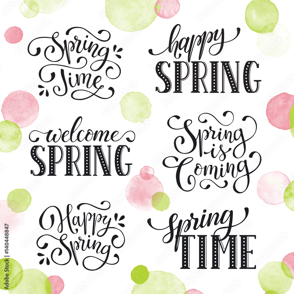 Hand written Spring time phrases with birds. Greeting card text ...