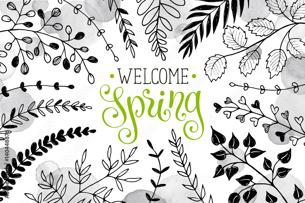 Hello spring lettering with branches and whatercolor spots on white ...