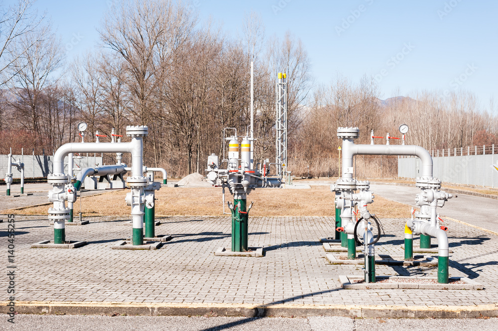 Control station and gas pipe line junction. Pipe , tank and valve ...
