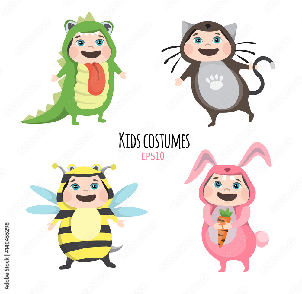 Set of cute kids wearing animal costumes isolated on white background ...